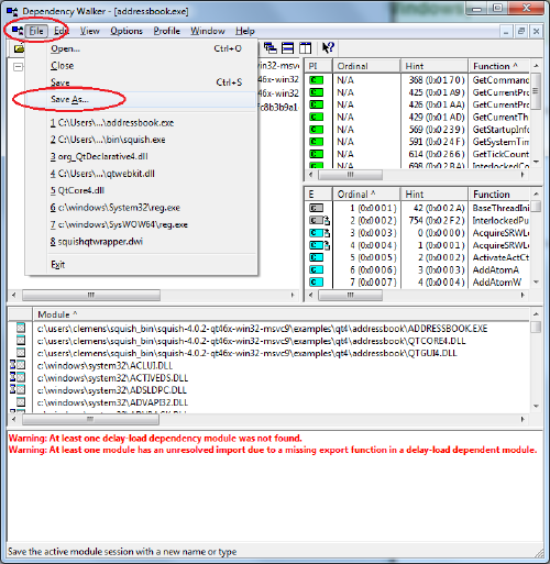 Analyzing dependencies with Dependency Walker