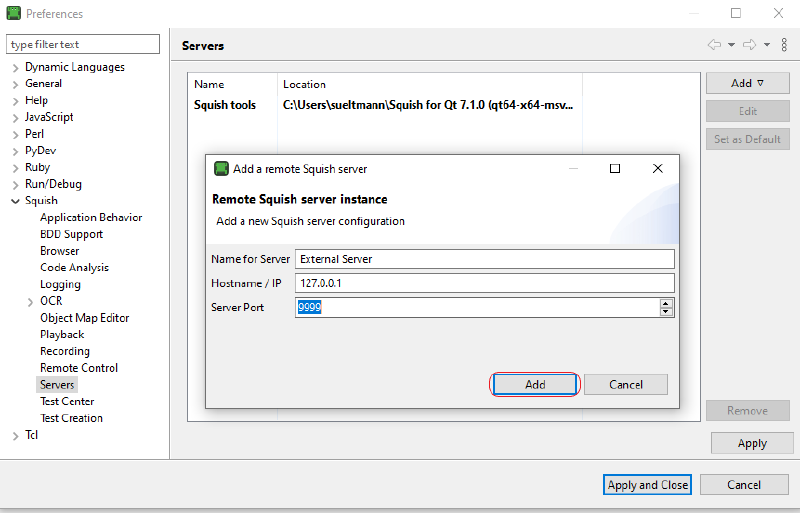 Configure IDE for remote squish server