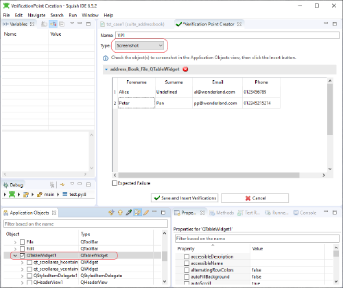 Creating table verification points