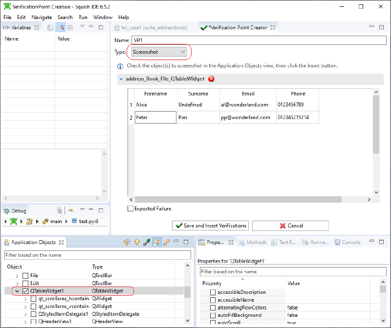 Creating table verification points